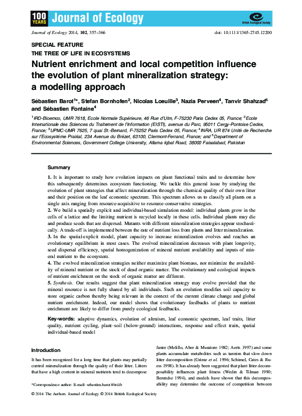 (PDF) Nutrient enrichment and local competition influence the evolution ...