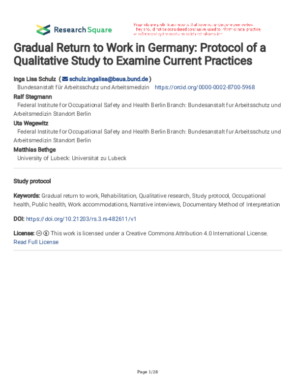 (PDF) Gradual Return to Work in Germany: Protocol of a Qualitative ...