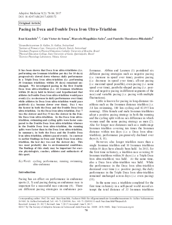 (PDF) Pacing in Deca and Double Deca Iron Ultra-Triathlon