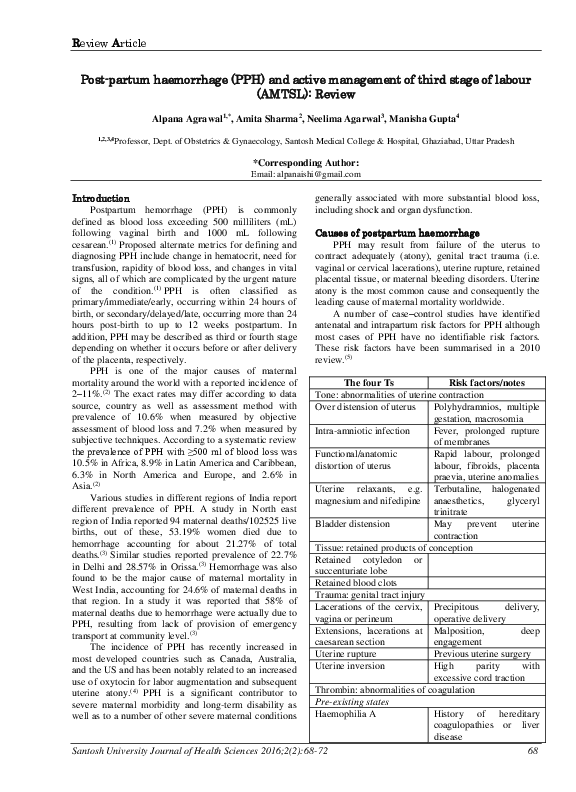 (PDF) Post-partum haemorrhage (PPH) and active management of third ...