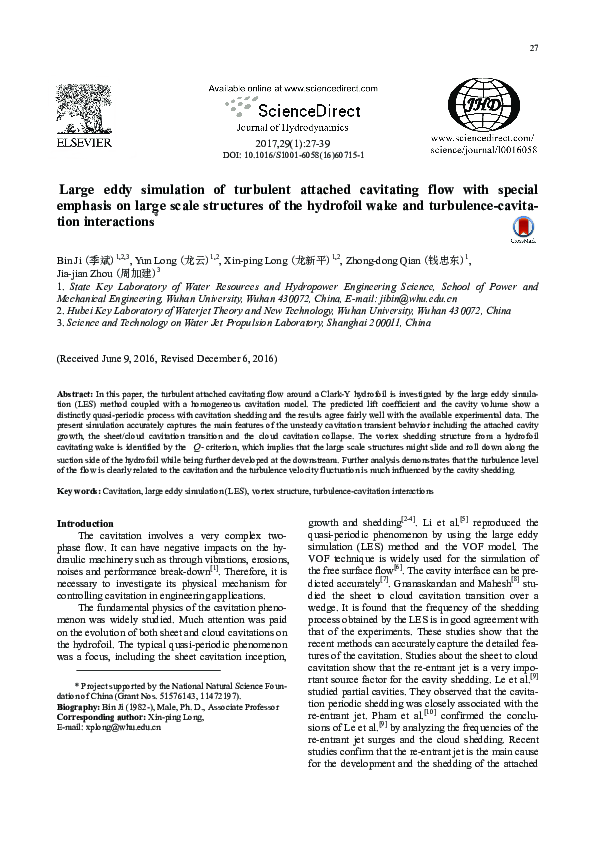 (PDF) Large eddy simulation of turbulent attached cavitating flow with special emphasis on large ...