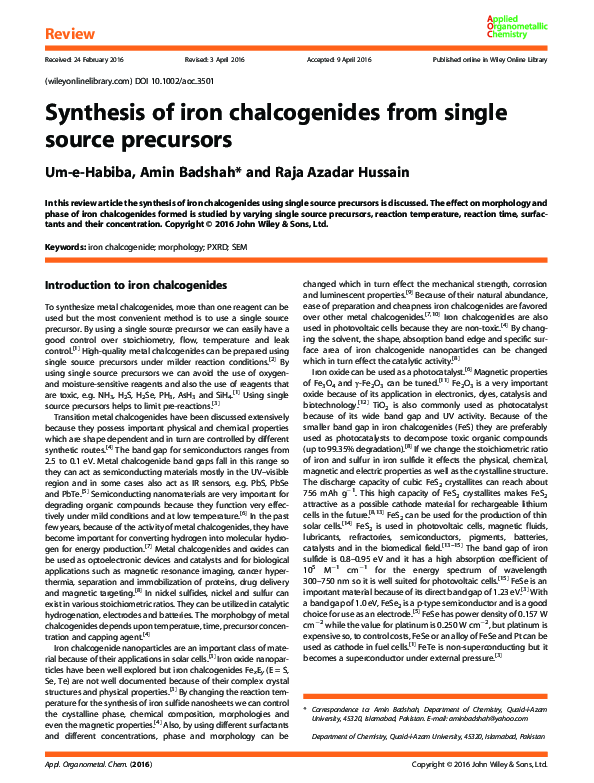(PDF) Synthesis of iron chalcogenides from single source precursors