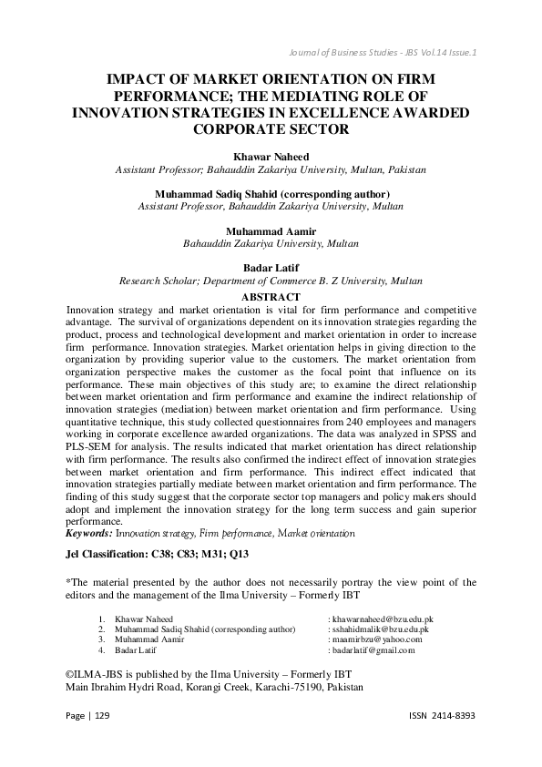 (PDF) Impact of Market Orientation on Firm Performance; the Mediating ...