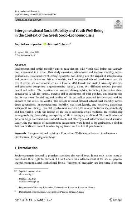 (PDF) Intergenerational Social Mobility and Youth Well-Being in the ...