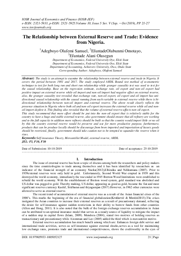 (PDF) The Relationship between External Reserve and Trade: Evidence ...