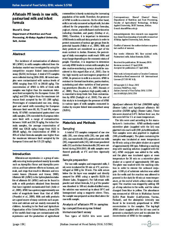 (PDF) Aflatoxin M1 levels in raw milk, pasteurized milk and infant formula | sharaf omar ...
