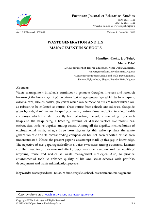 (PDF) Waste Generation and Its Management in Schools