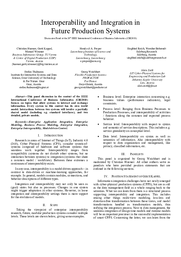 (PDF) Interoperability and Integration in Future Production Systems
