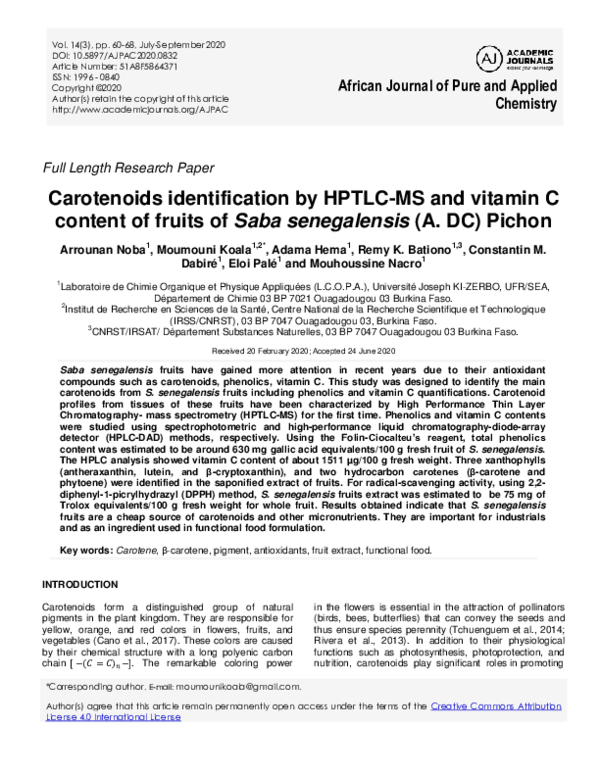(PDF) Carotenoids identification by HPTLC-MS and vitamin C content of fruits of Saba ...