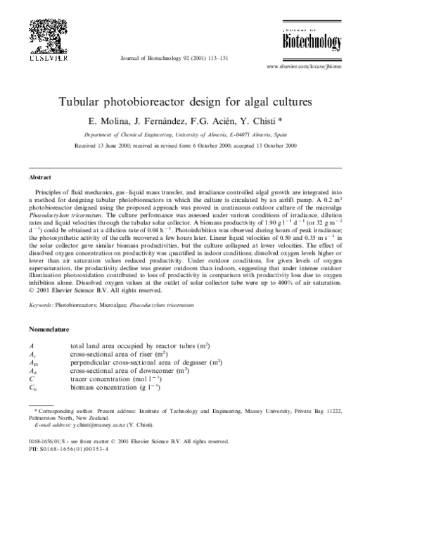 (PDF) Tubular photobioreactor design for algal cultures | Jose M ...