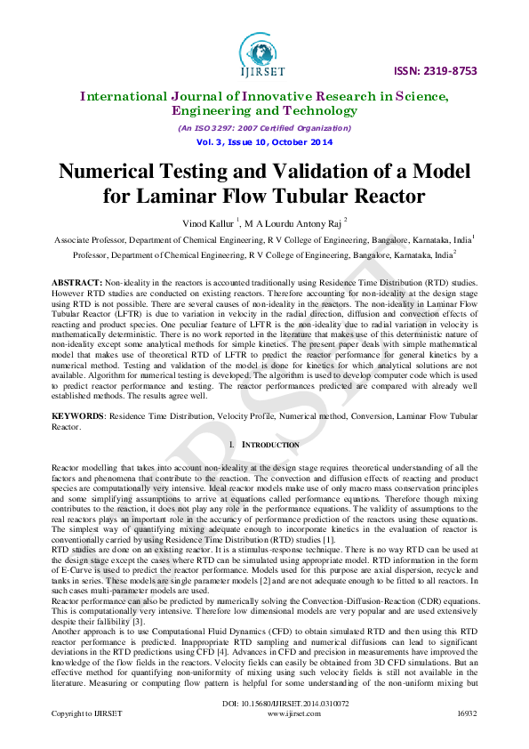 Pdf Numerical Testing And Validation Of A Modelfor Laminar Flow Tubular Reactor Lourdu