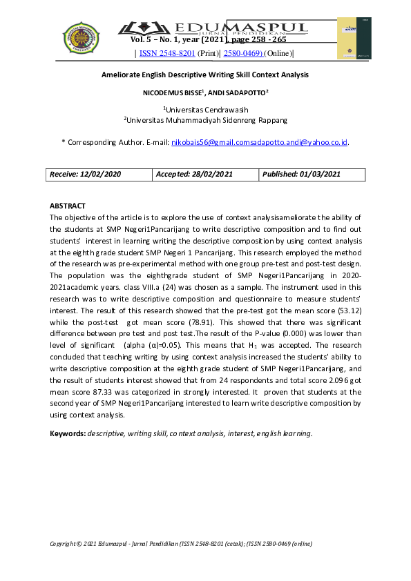 (PDF) Ameliorate English Descriptive Writing Skill: Context Analysis