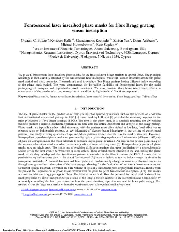 (PDF) Femtosecond laser inscribed phase masks for fibre Bragg grating ...