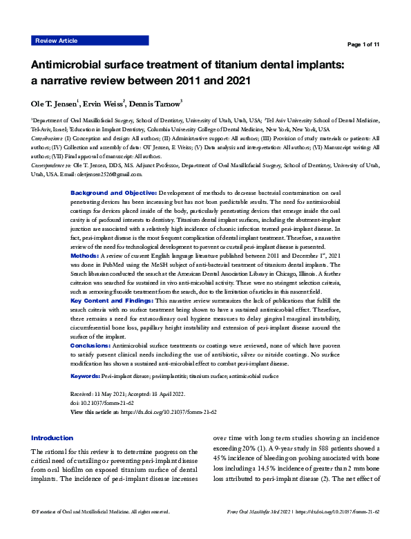 (PDF) Antimicrobial surface treatment of titanium dental implants: a narrative review between ...