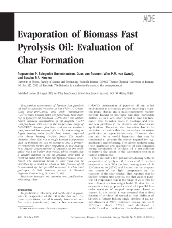 (PDF) Evaporation of biomass fast pyrolysis oil: Evaluation of char formation