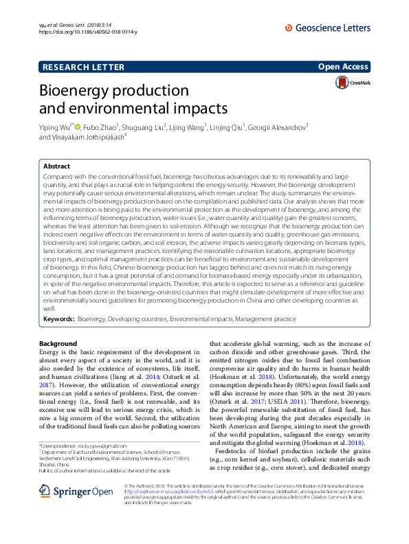 (PDF) Bioenergy production and environmental impacts