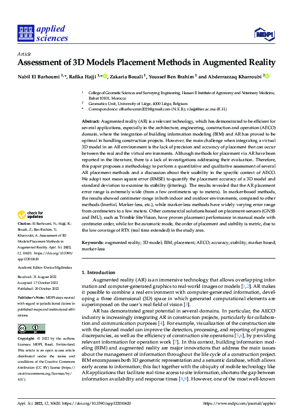 (PDF) Assessment of 3D Models Placement Methods in Augmented Reality