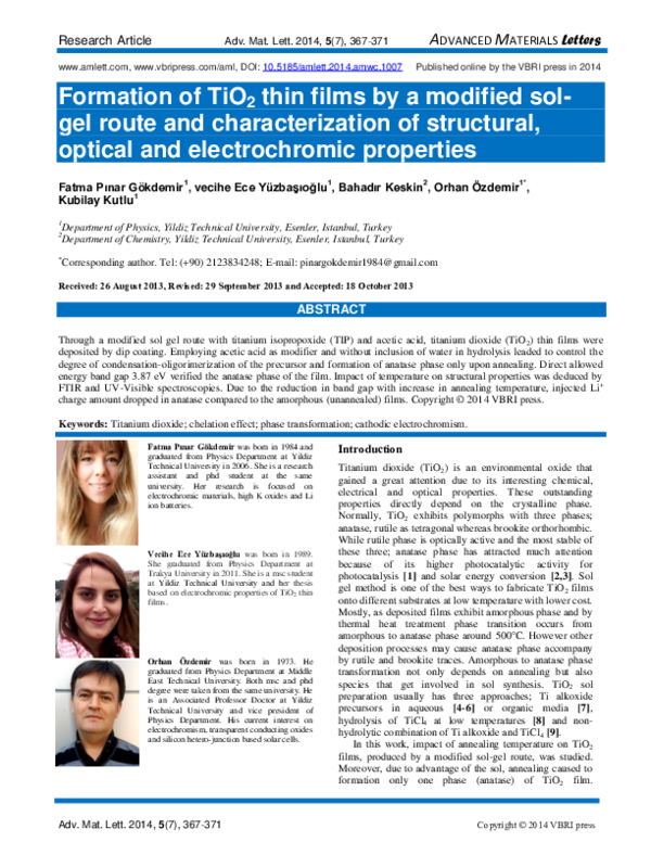 (PDF) Formation Of TiO2 Thin Films By A Modified Sol-gel Route And ...