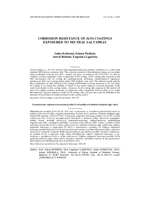 (PDF) CORROSION RESISTANCE OF Zi-Ni COATINGS EXPOSURED TO NEUTRAL SALT SPRAY | Antoni Budniok ...