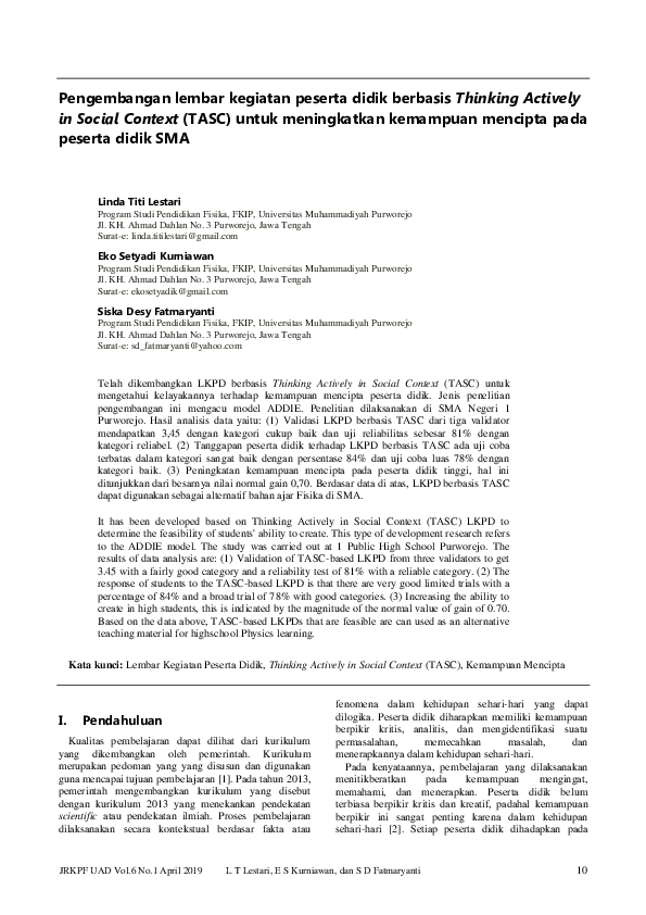 (PDF) Pengembangan lembar kegiatan peserta didik berbasis Thinking Actively in Social Context ...