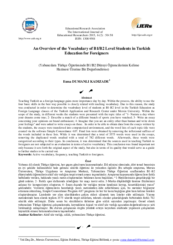 (PDF) An Overview of the Vocabulary of B1/B2 Level Students in Turkish ...