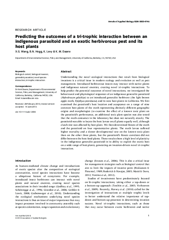 (PDF) Predicting the outcomes of a tri-trophic interaction between an indigenous parasitoid and ...
