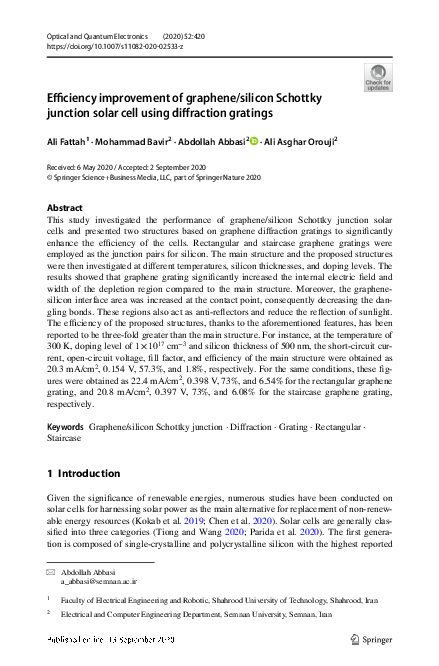 Pdf Efficiency Improvement Of Graphene Silicon Schottky Junction Solar Cell Using Diffraction
