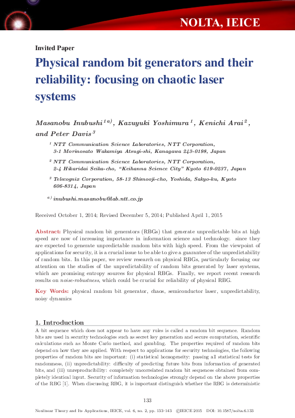 (PDF) Physical random bit generators and their reliability: focusing on chaotic laser systems