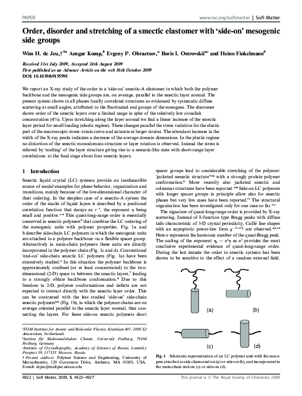 (PDF) Order, disorder and stretching of a smectic elastomer with ‘side-on’ mesogenic side groups