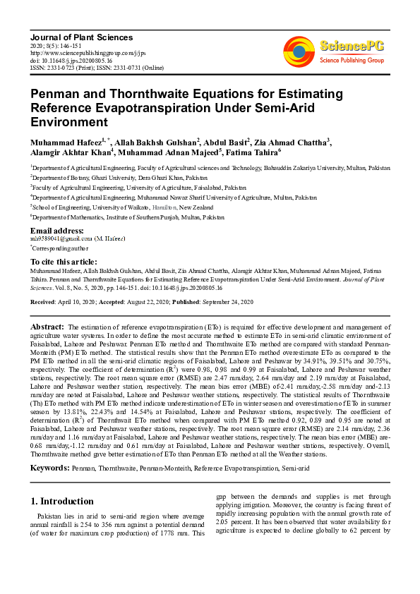 (PDF) Penman and Thornthwaite Equations for Estimating Reference ...