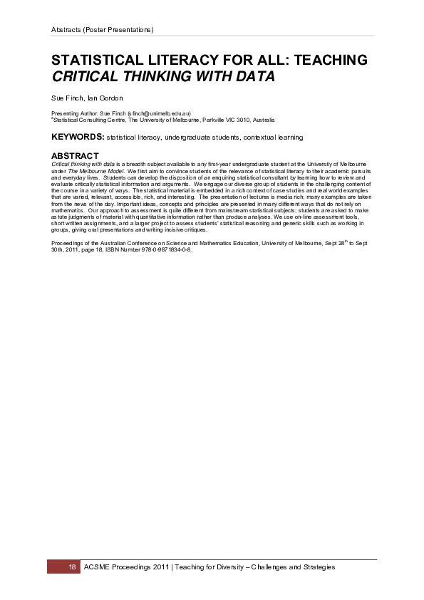 (PDF) Statistical literacy for all: Teaching Critical thinking with data