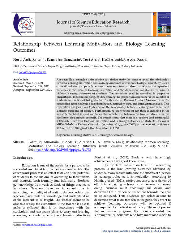 Pdf Relationship Between Learning Motivation And Biology Learning Outcomes