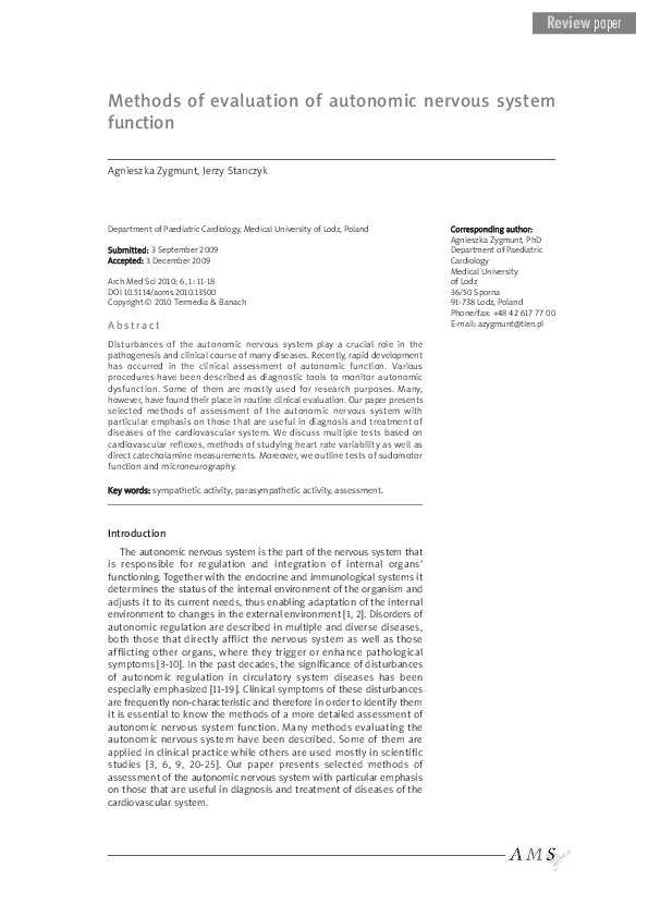 (PDF) Methods of evaluation of autonomic nervous system function