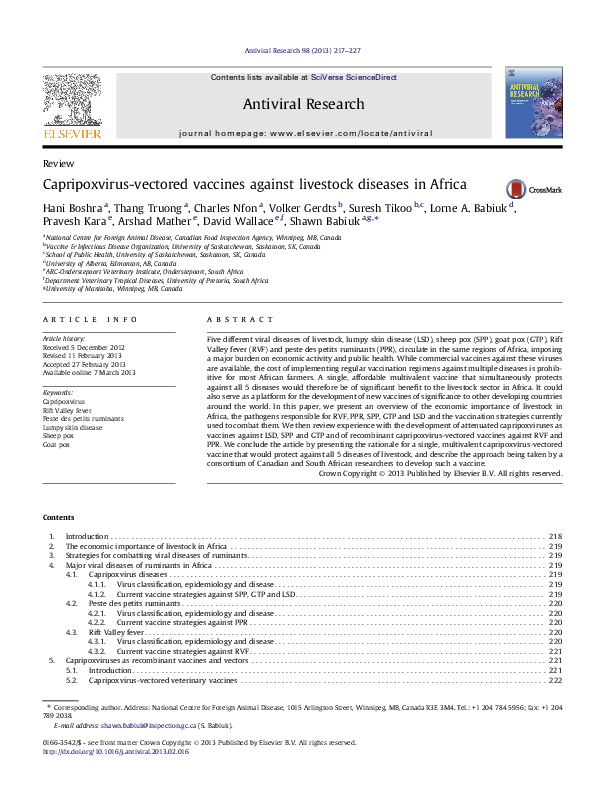 (PDF) Capripoxvirus-vectored vaccines against livestock diseases in Africa