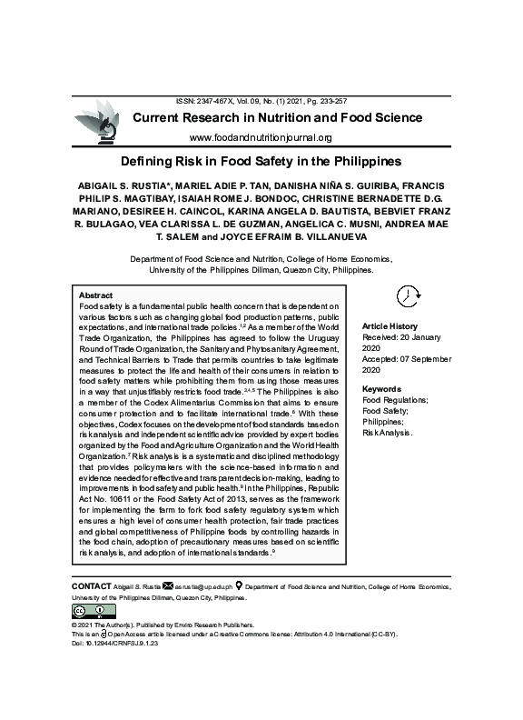 (PDF) Defining Risk in Food Safety in the Philippines