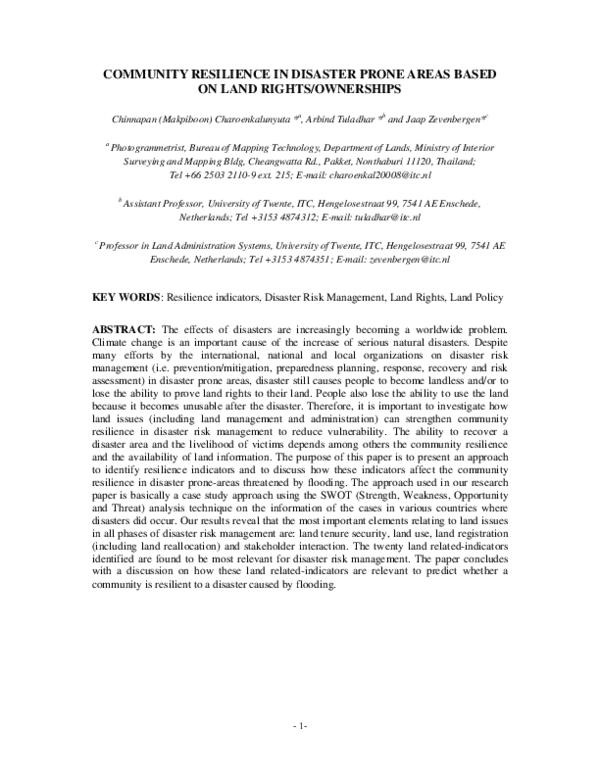 (PDF) Community Resilience in Disaster Prone Areas Based on Land Rights ...
