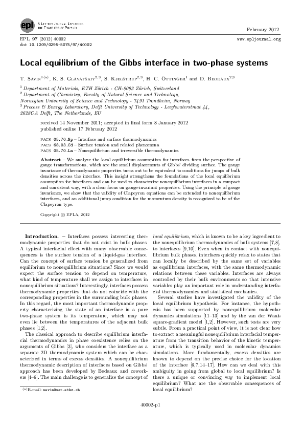 (PDF) Local equilibrium of the Gibbs interface in two-phase systems | D. Bedeaux - Academia.edu