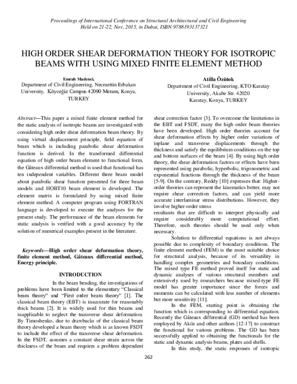 Pdf High Order Shear Deformation Theory For Isotropic Beams With Using Mixed Finite Element Method