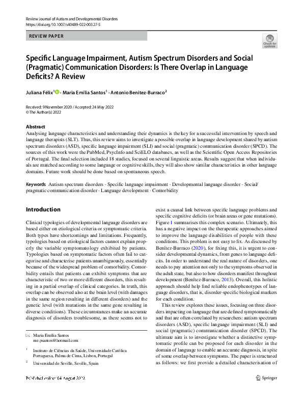 (PDF) Specific Language Impairment, Autism Spectrum Disorders and Social (Pragmatic ...