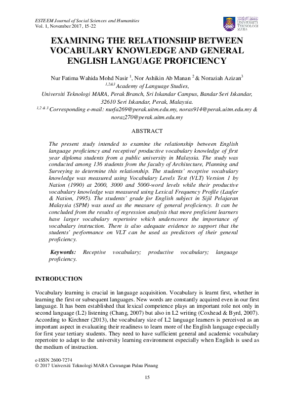 (PDF) Examining the relationship between vocabulary knowledge and general English language ...