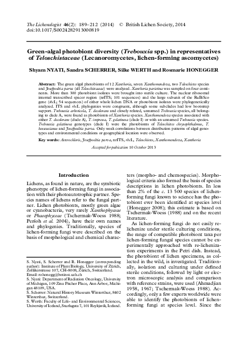(PDF) Green-algal photobiont diversity (Trebouxia spp.) in ...