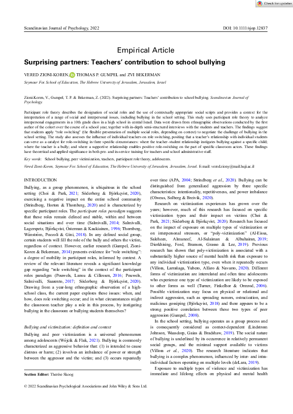 (PDF) Surprising partners: Teachers' contribution to school bullying