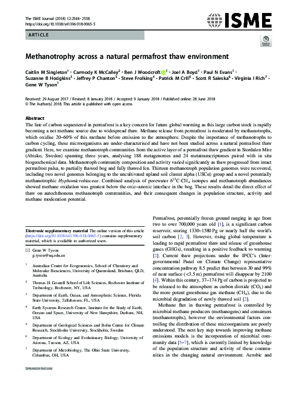 (PDF) Methanotrophy across a natural permafrost thaw environment ...