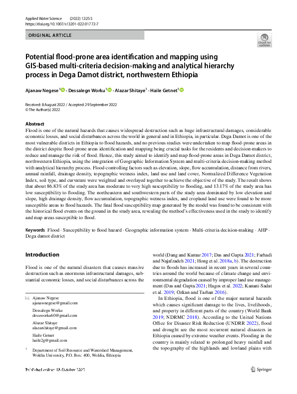 Pdf Potential Flood Prone Area Identification And Mapping Using Gis Based Multi Criteria