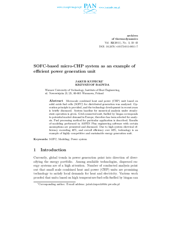 Pdf Sofc Based Micro Chp System As An Example Of Efficient Power Generation Unit