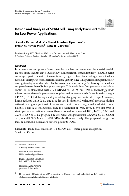 Design And Analysis Of Sram Cell Using Body Bias Controller For Low Power Applications