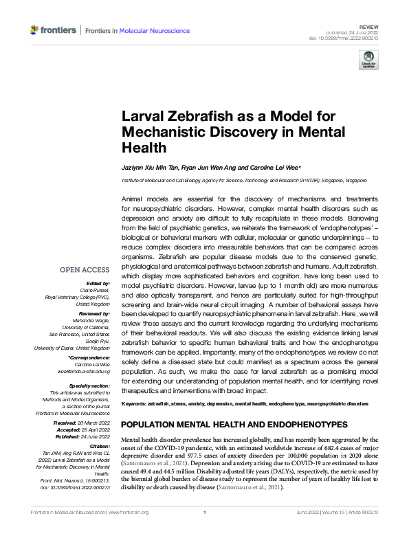(PDF) Larval Zebrafish as a Model for Mechanistic Discovery in Mental ...