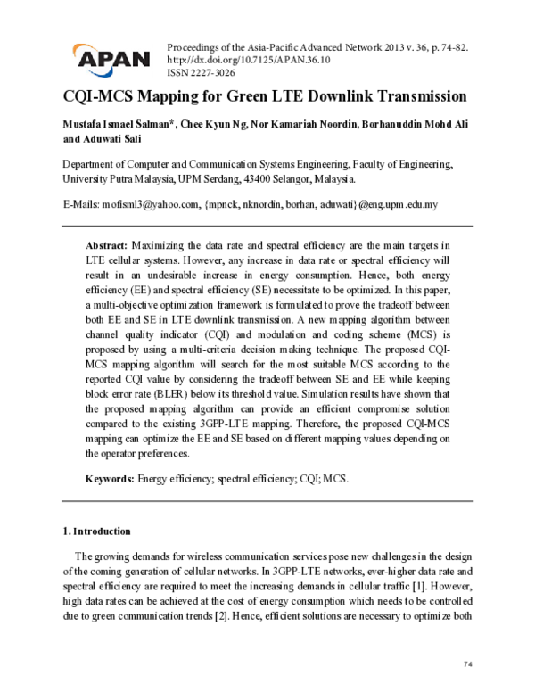 (PDF) CQI-MCS Mapping for Green LTE Downlink Transmission