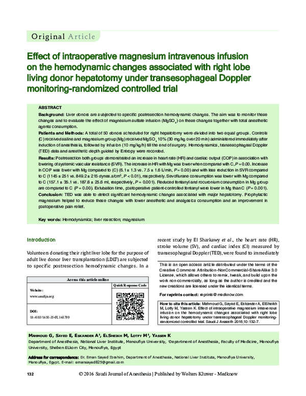 (PDF) Effect of intraoperative magnesium intravenous infusion on the ...