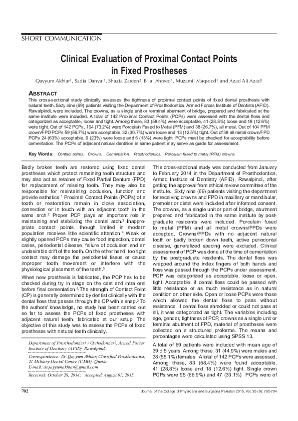 (PDF) Clinical Evaluation of Proximal Contact Points in Fixed Prostheses